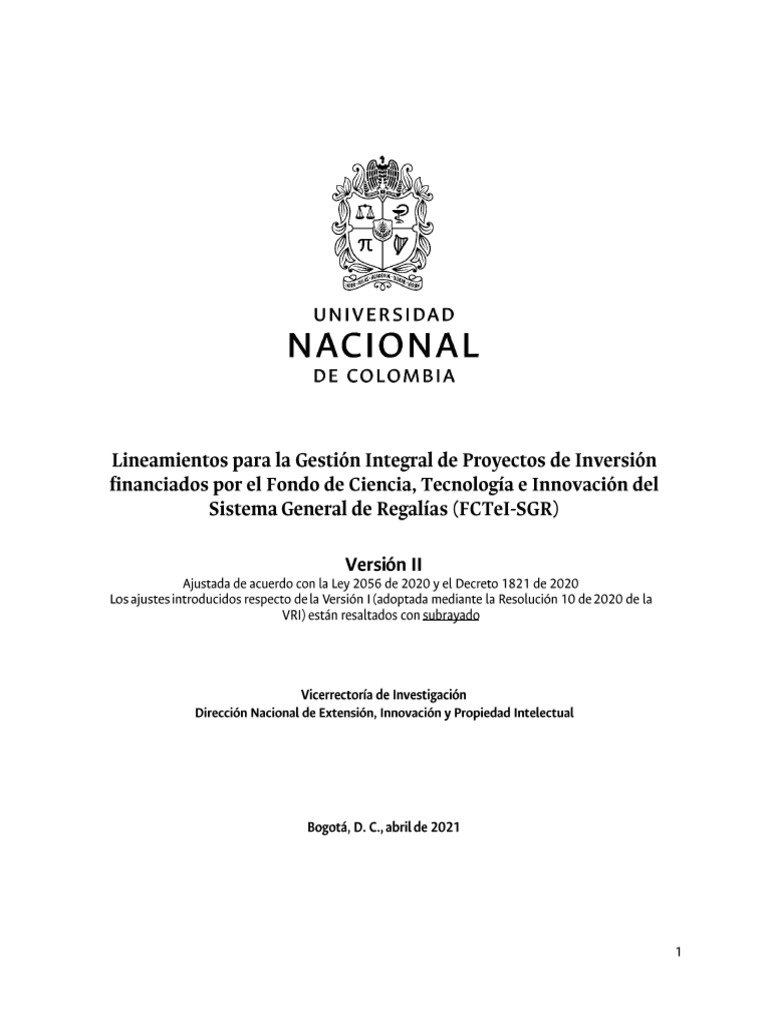 Lineamientos Proyectos UNAL Ante FCTeI SGR 2021 | PDF