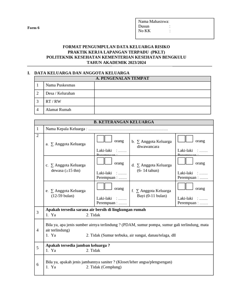 Form 6. FORMAT PENGUMPULAN DATA KELUARGA RISIKO (INDIVIDU) | PDF