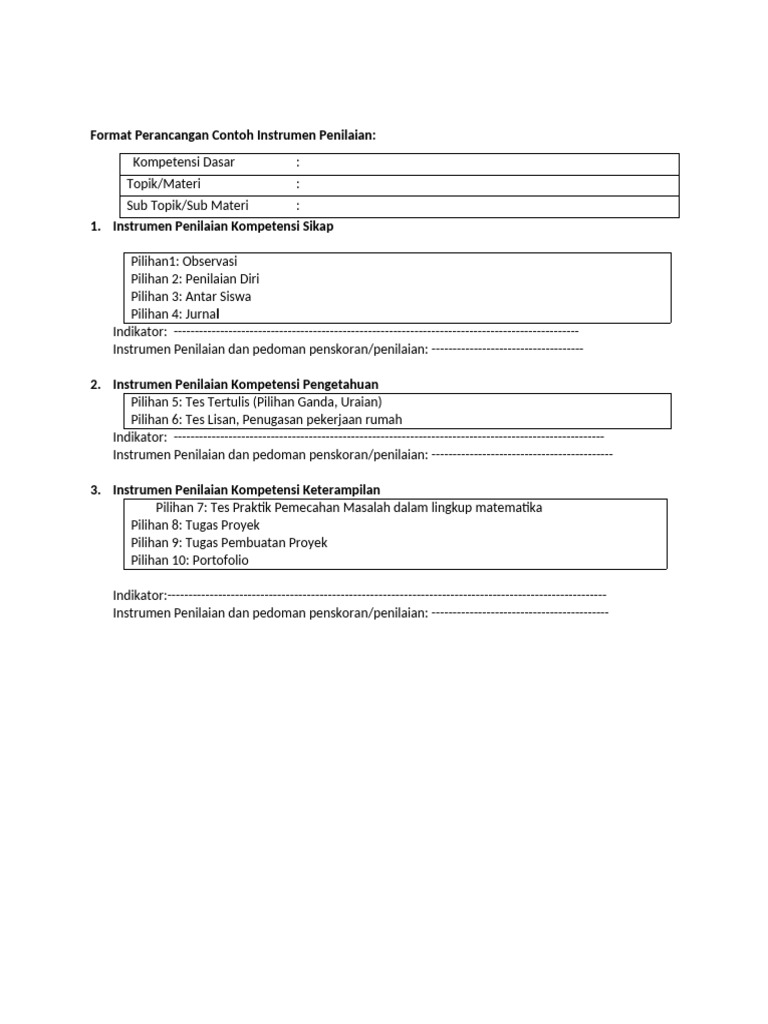 Format Perancangan Contoh Instrumen Penilaian | PDF