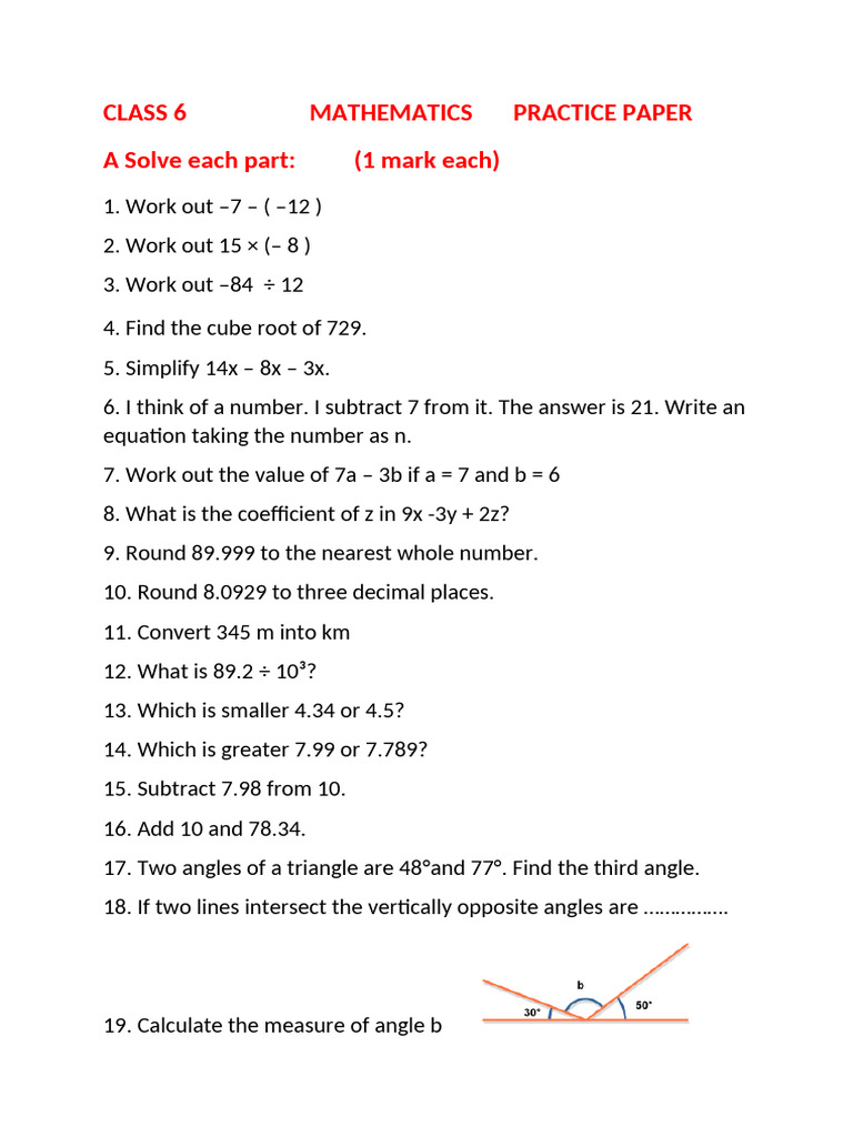Class6 Maths Practice Paper | PDF