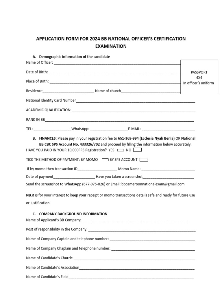 Application Form For 2024 BB National Certified Officers Exam | PDF