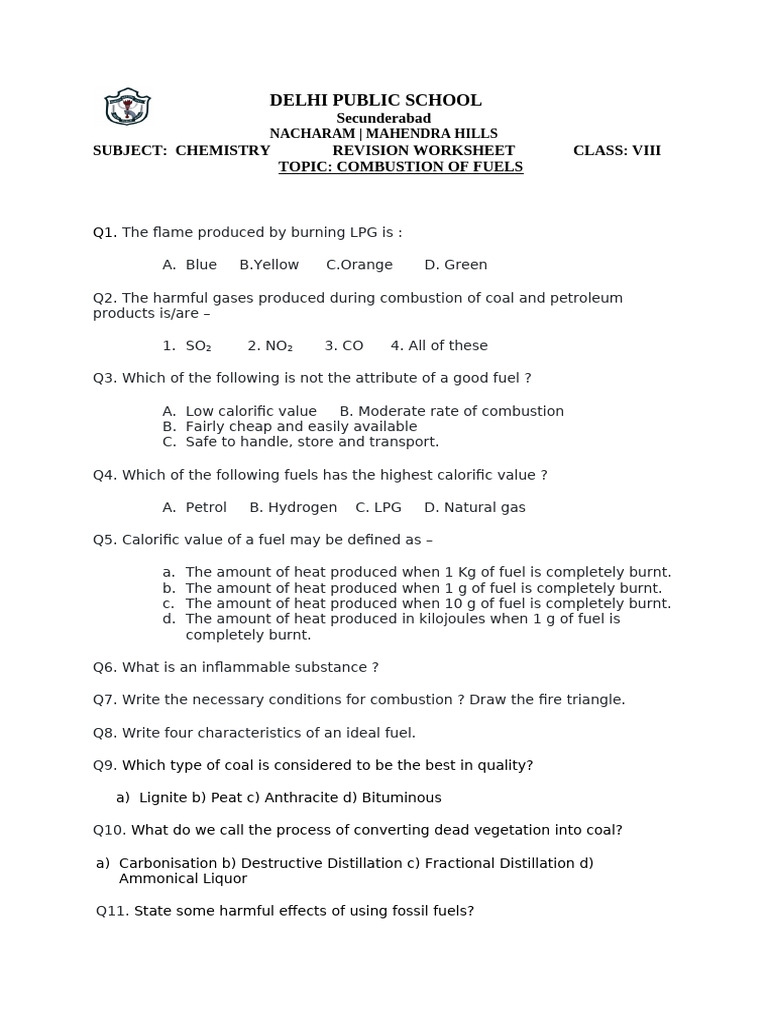 Combustion of fuels worksheet 2 | PDF
