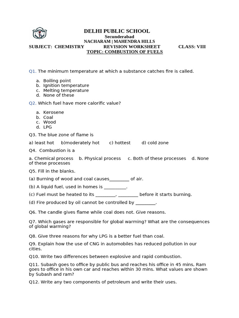 Combustion of fuels worksheet 1 | PDF