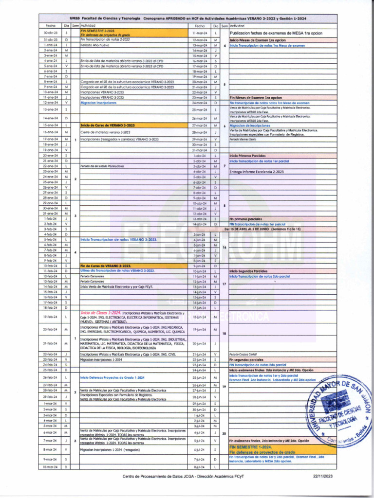 cronograma umss 2024 | PDF