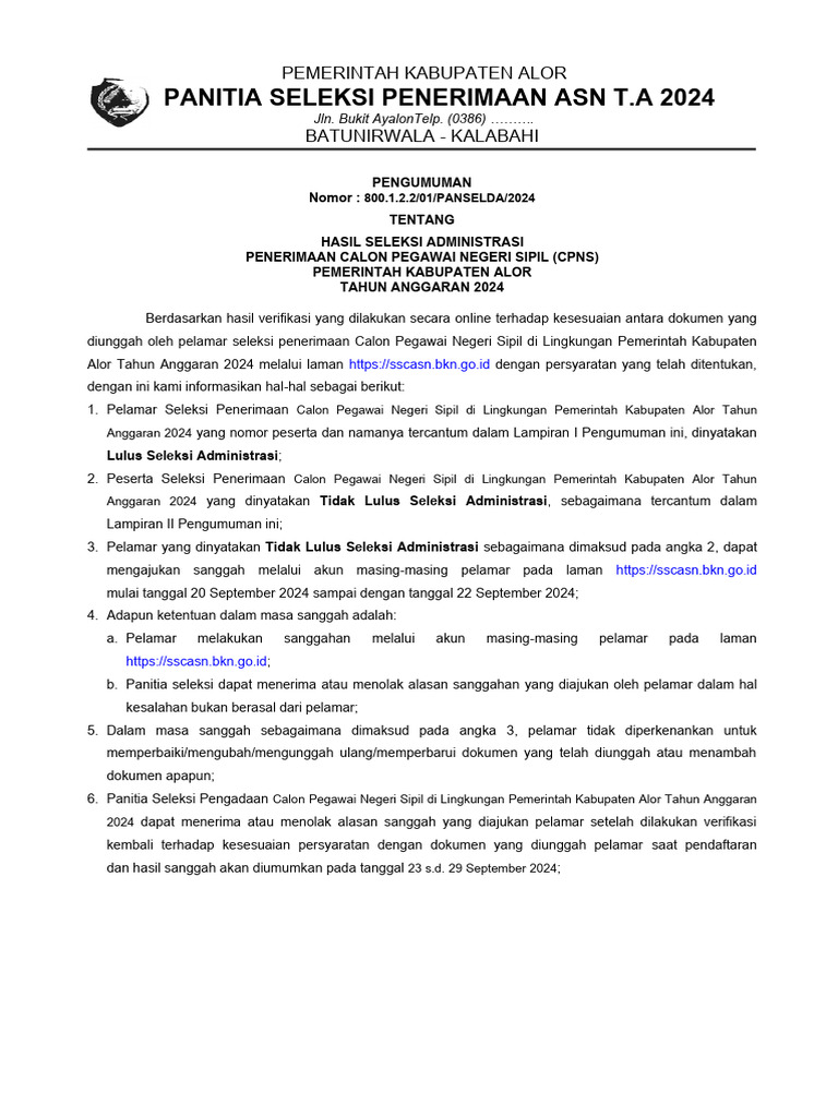 Seleksi Administrasi Penerimaan CPNS Kab. Alor T.A 2024 | PDF