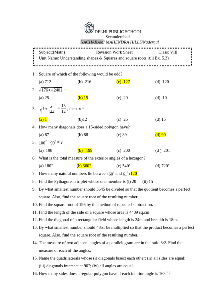 Class 8 Revision WS-1 | PDF