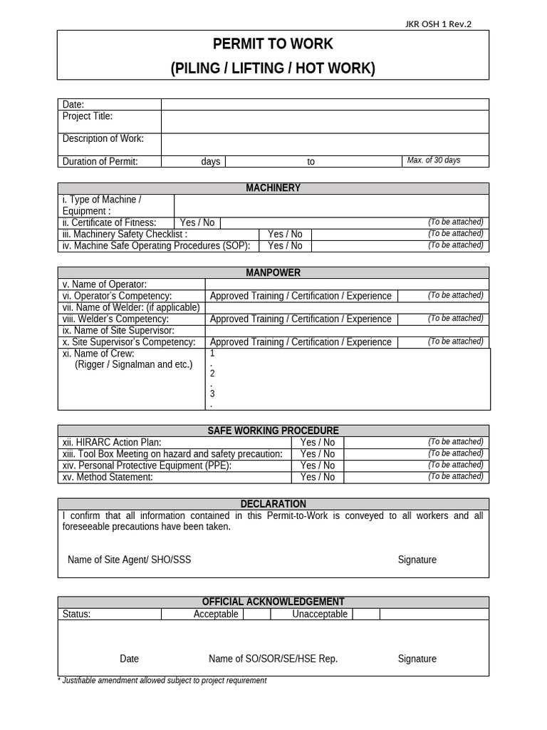 Permit to Work Piling Lifting HotWork | PDF