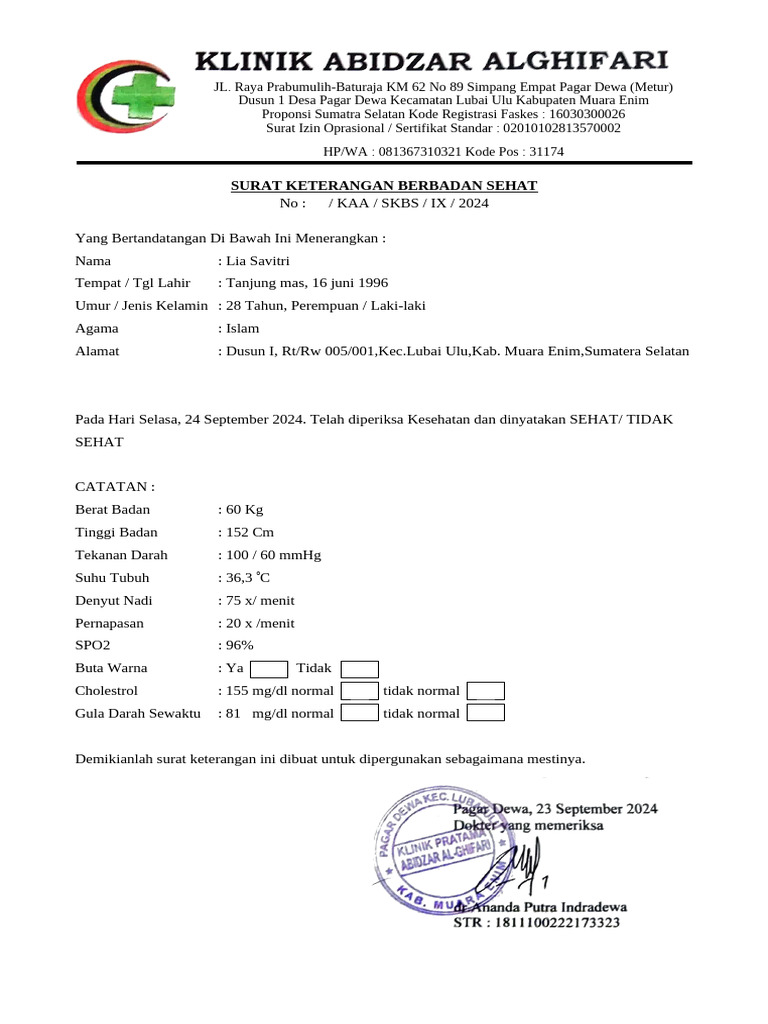 Surat Kesehatan Lia | PDF