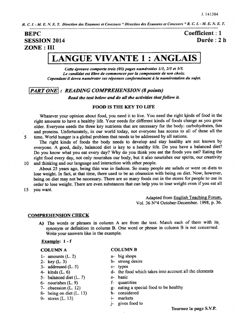 Bepc z3 Ang Lv1 2014 | PDF