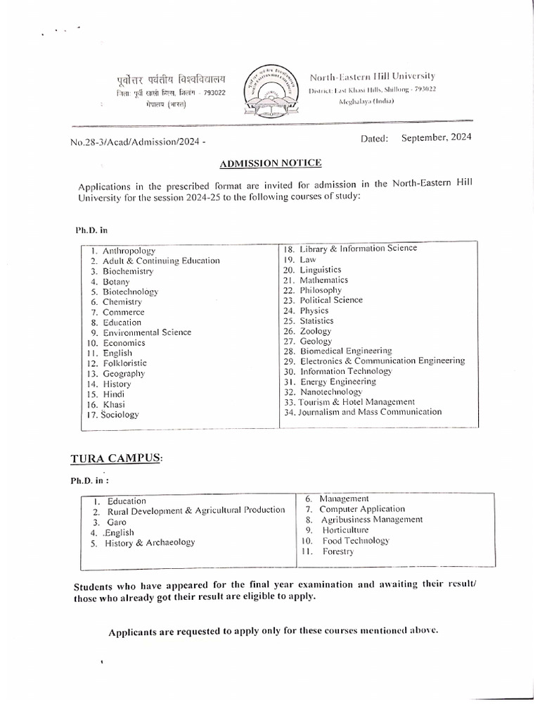 NEHU PHD Admission | PDF
