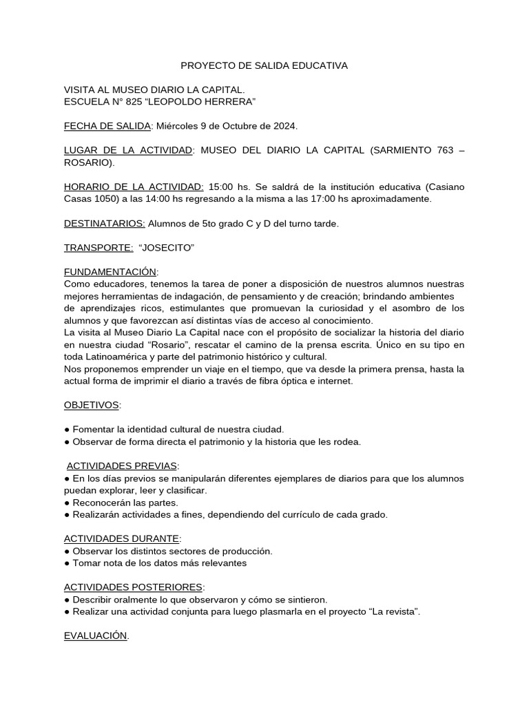 Proyecto de Salida Educativa | PDF