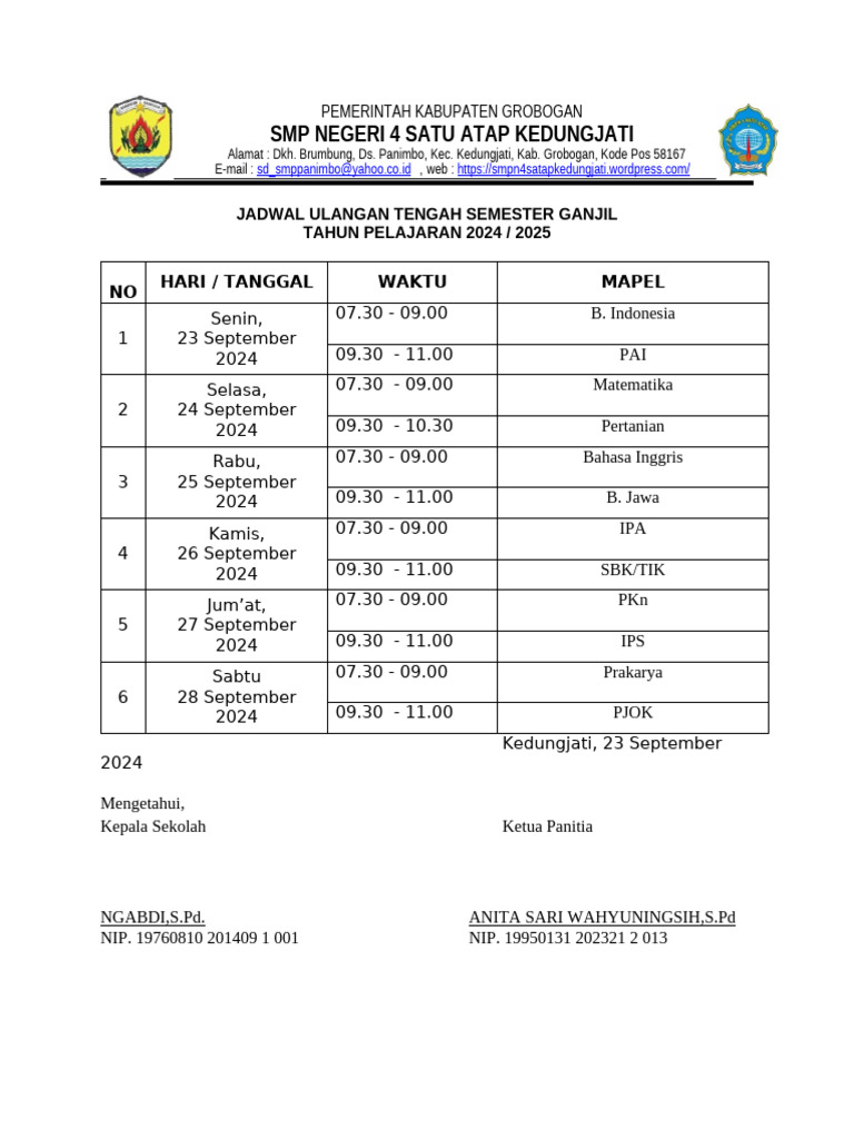 Jadwal PTS Ganjil Tahun 2024-2025 | PDF