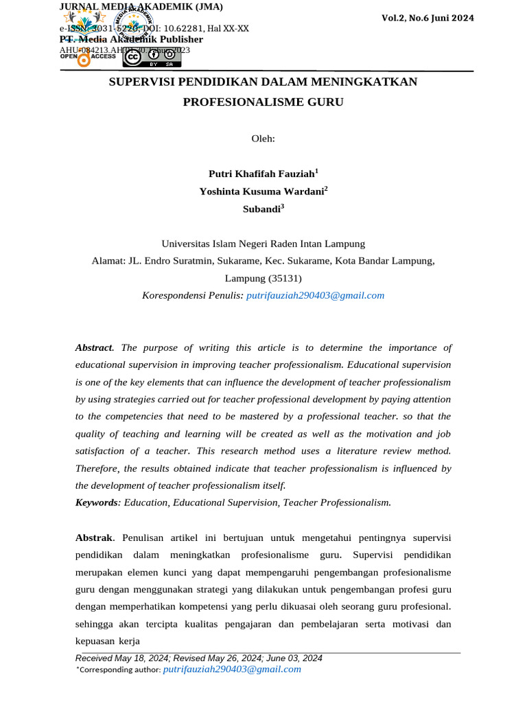 Supervisi Pendidikan Dalam Meningkatkan Profesionalisme Guru | PDF