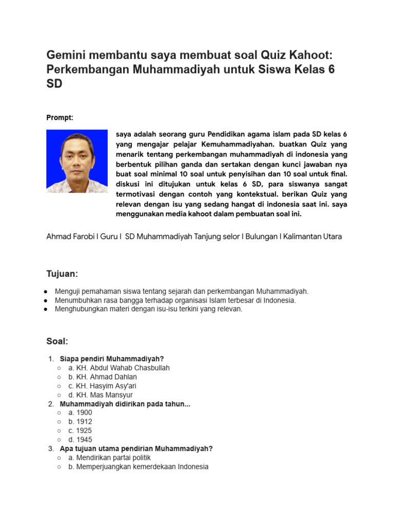 Gemini Membantu Saya Membuat Soal Quiz Kahoot - Perkembangan Muhammadiyah Untuk Siswa Kelas 6 SD ...