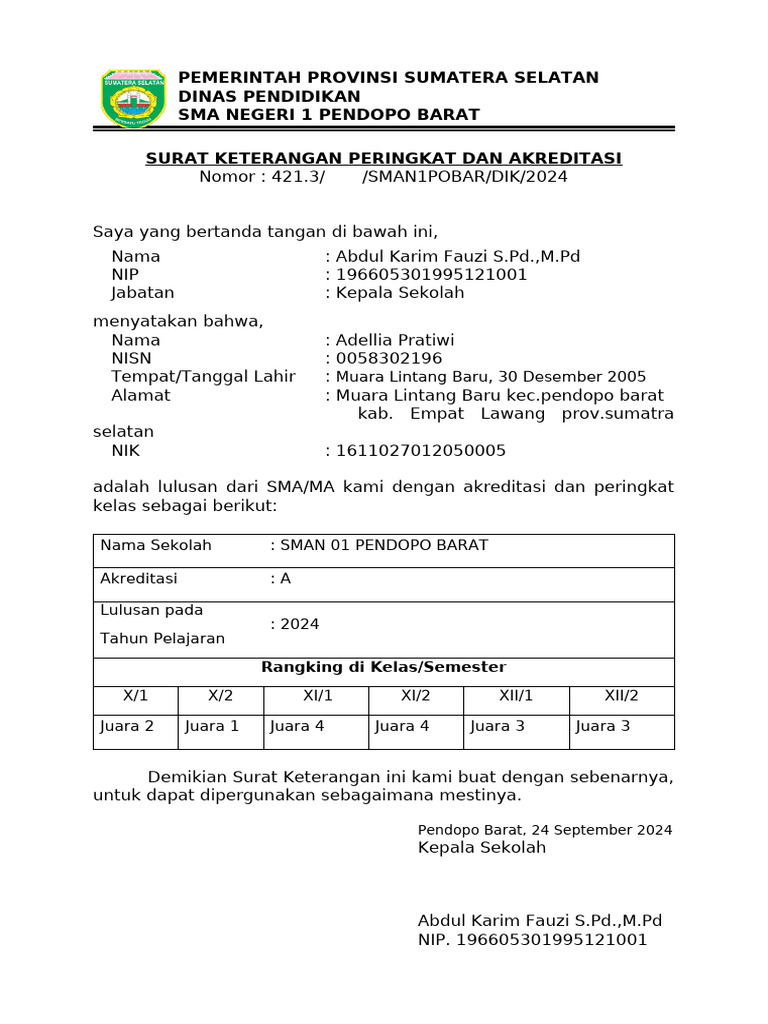Surat Keterangan Peringkat Dan Akreditasi Sekolah | PDF