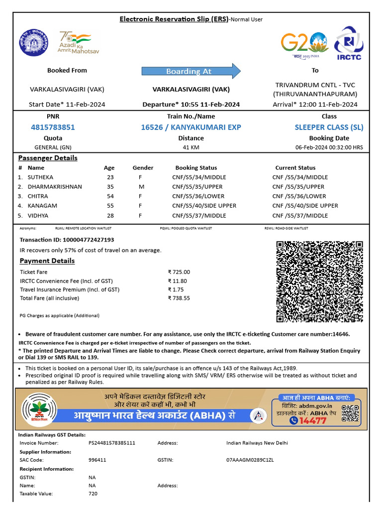 Kanyakumari Exp Sleeper Class (SL) : Electronic Reserva On Slip (ERS) | PDF