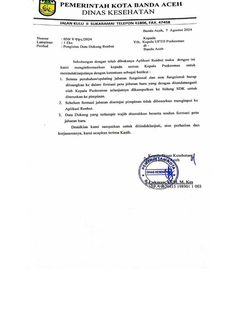 Surat Data Dukung Renbut | PDF