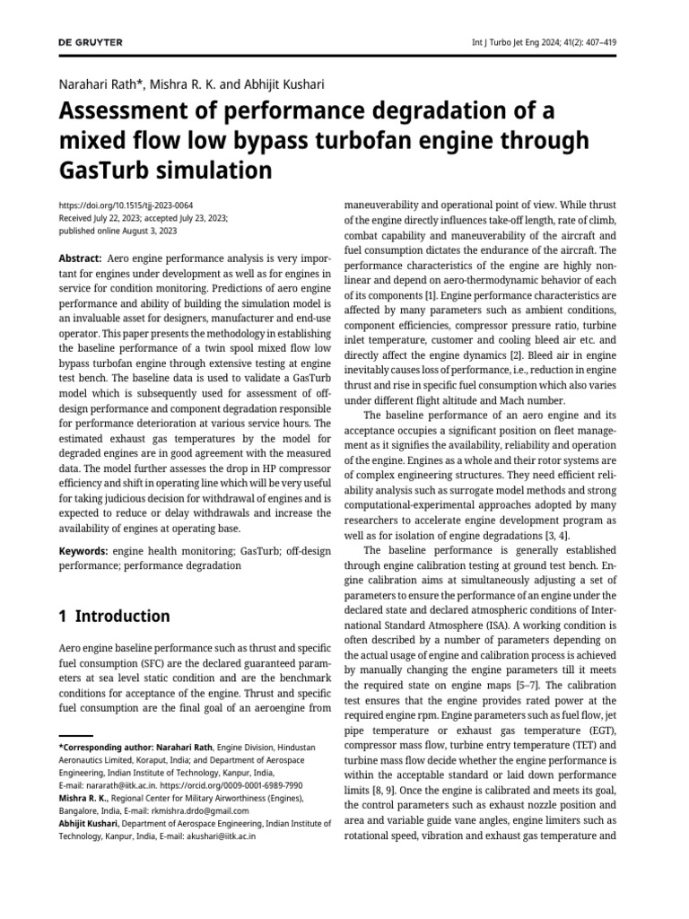 Assessment of Performance Degradation of A Mixed Flow Low Bypass Turbofan Engine Through GasTurb ...