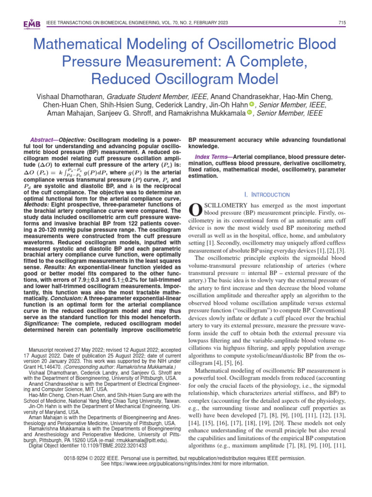 Mathematical Modeling of Oscillometric Blood Pressure Measurement A ...