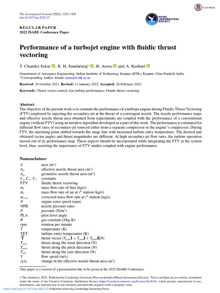 Performance of A Turbojet Engine With Fluidic Thrust Vectoring | PDF