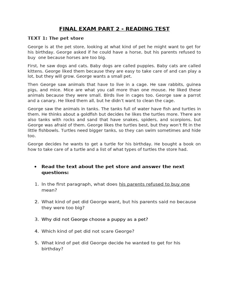 Final Exam Part 2 Reading Test | PDF