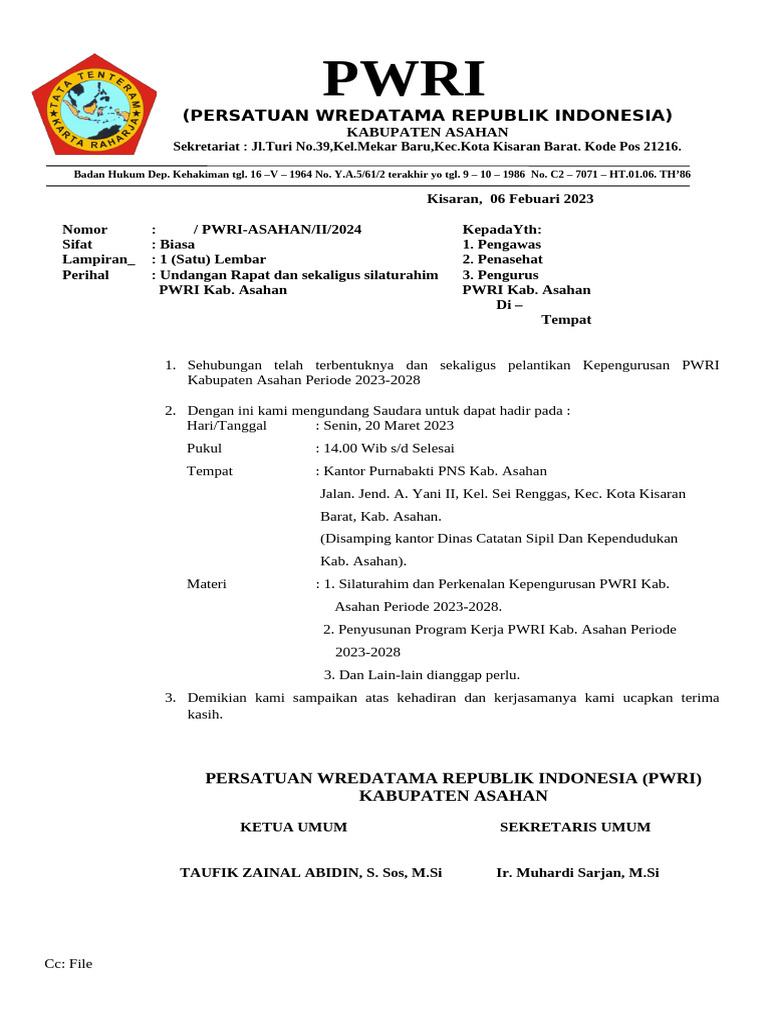 Surat Undangan Pwri | PDF