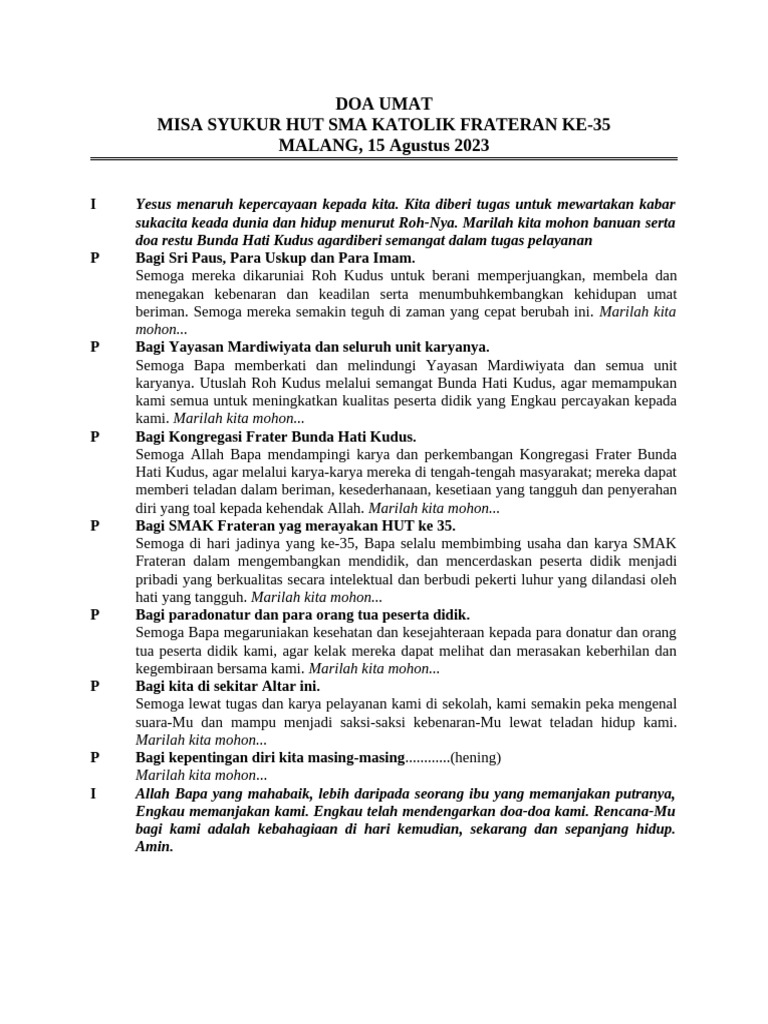 Doa Umat (Hut Sekolah 35) | PDF