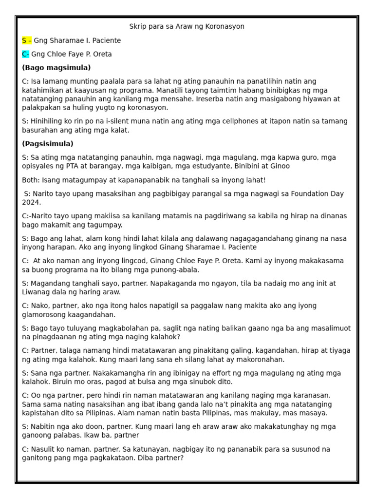 Skrip para Sa Araw NG Koronasyon | PDF