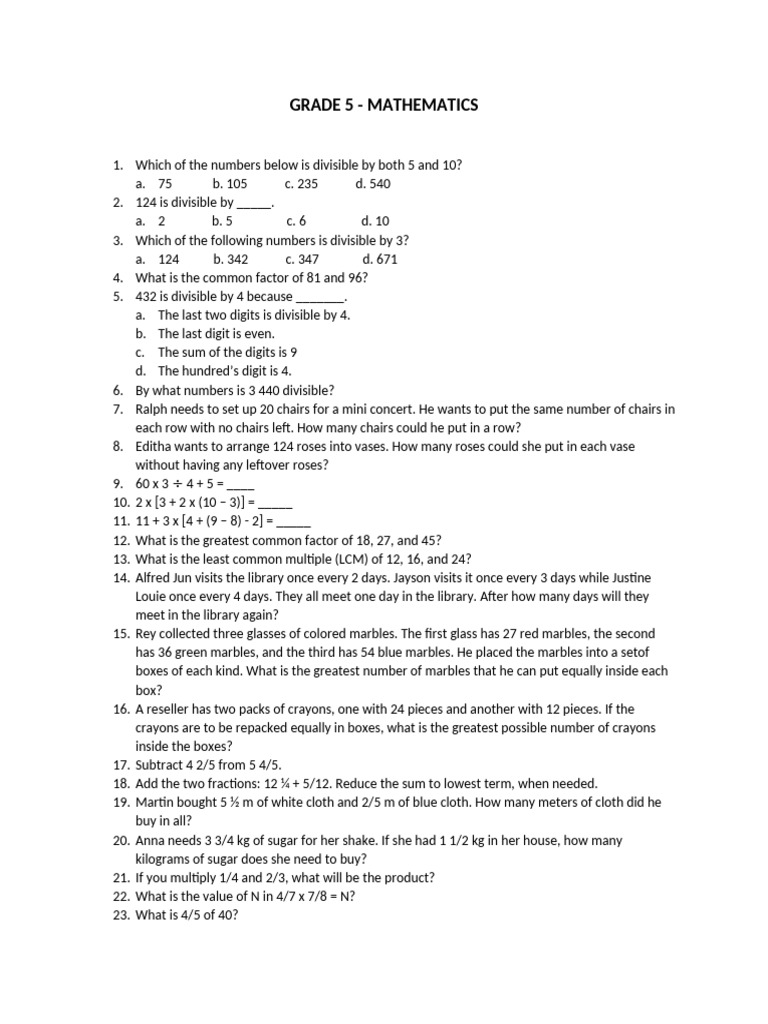 Grade 5 Mathematics Reviewer | PDF