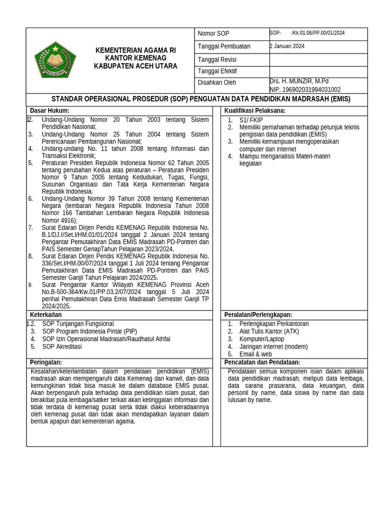 SOP Pendataan Pendidikan EMIS | PDF