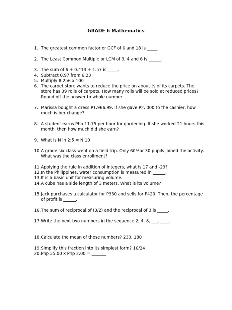 Grade 6 Mathematics - Review 2 | PDF