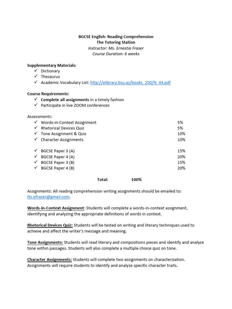 BGCSE English Reading Comprehension Syllabus | PDF