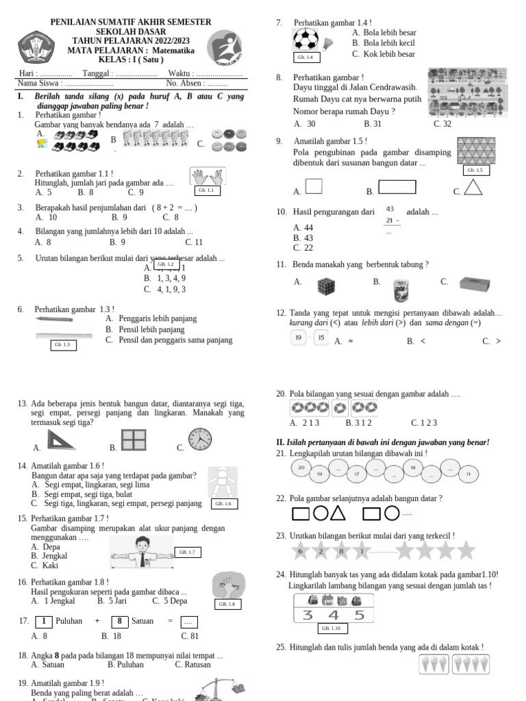 Soal_Kelas 1_Matematika_PSAS_22-23 | PDF