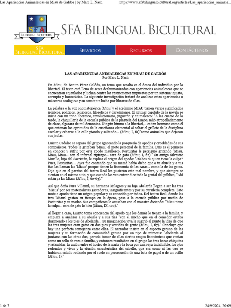 Las Apariencias Animalescas en Miau de Galdós - by Marc L. Nash | PDF