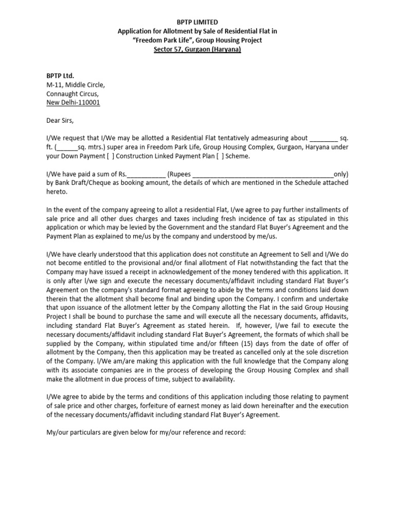 Application - Form - BPTP - Park Life - Gurgaon | PDF