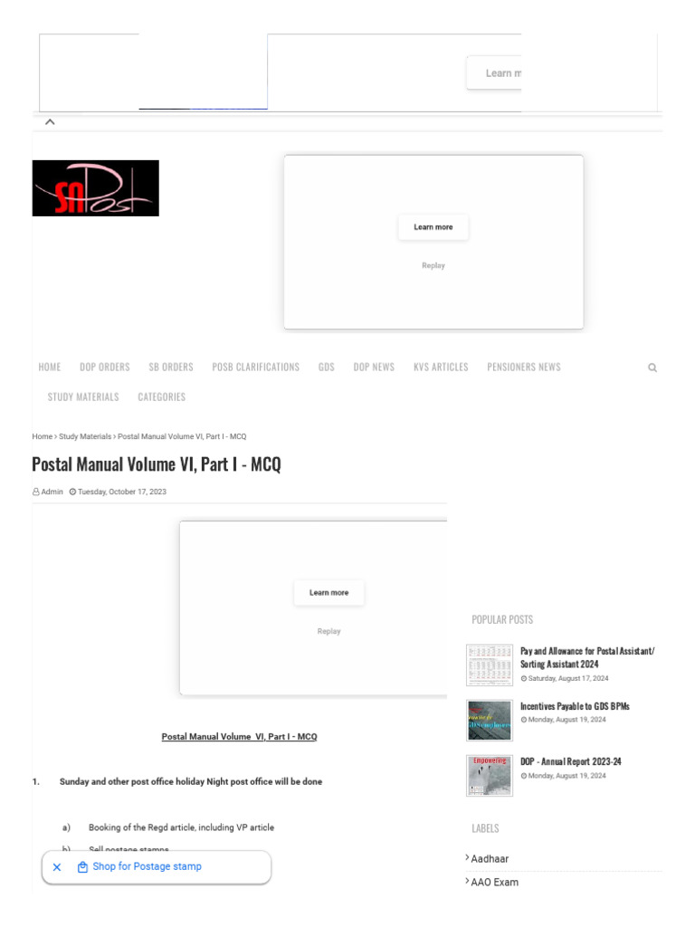 Postal Manual Volume VI MCQs and Notes | PDF | Mail | Freight Transport