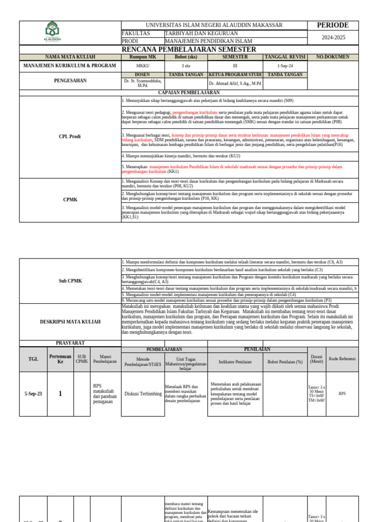 RPS MK Manajemen Kurikulum Dan Program - MPI Gazal 2024 | PDF