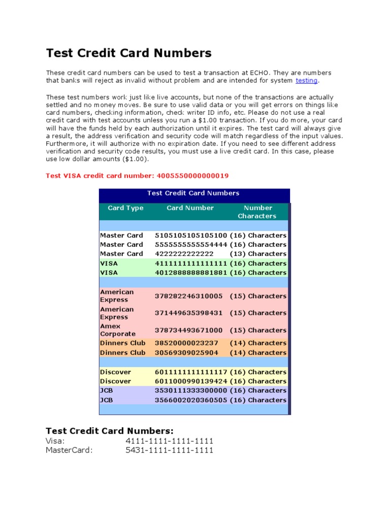 Test Credit Card Numbers | PDF