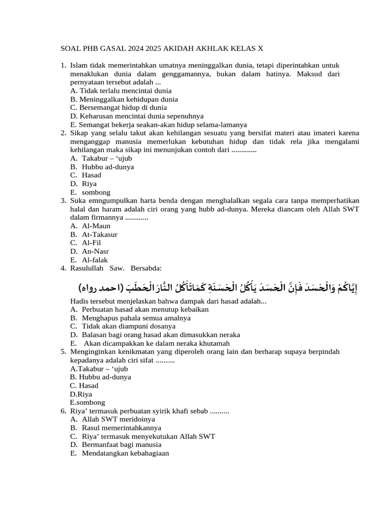 Soal PHB Gasal 2024 2025 Akidah Akhlak Kelas X-2 | PDF