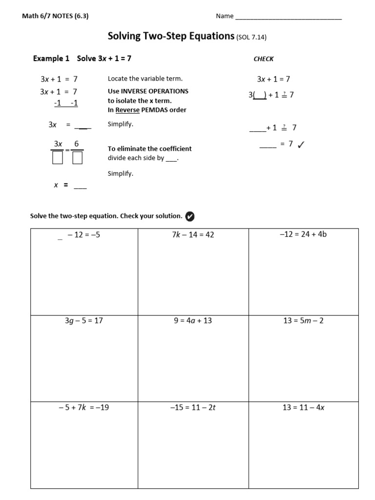 6.3 Notes - Solving 2-Step Equations | PDF
