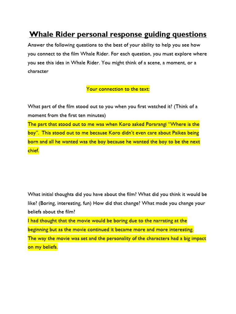 Whale Rider personal response guiding questions | PDF