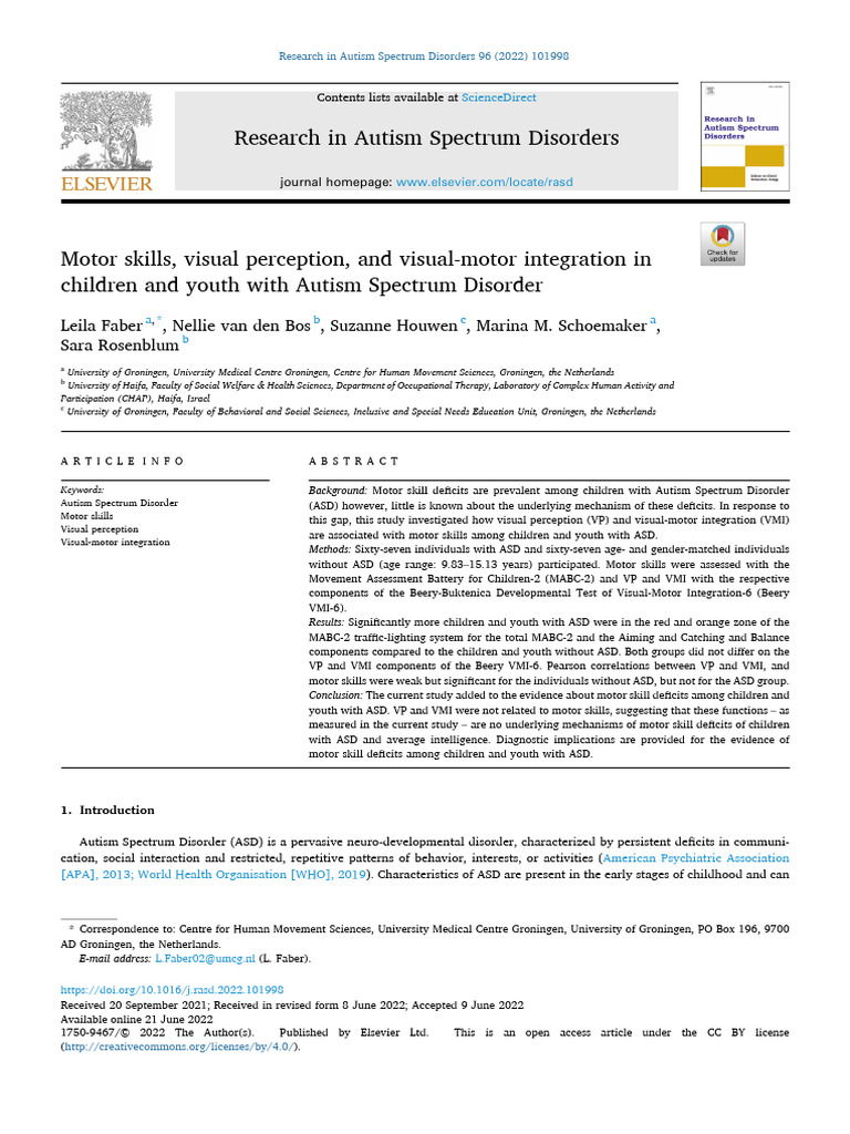 Motor Skills, Visual Perception, and Visual-Motor Integration in ...