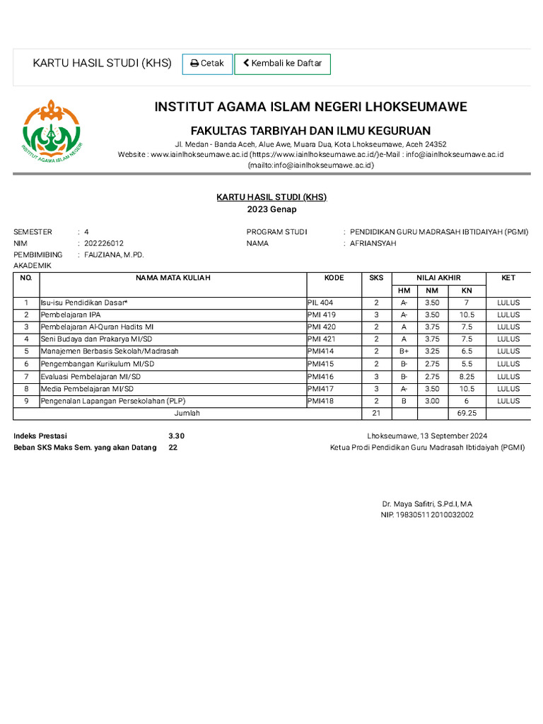 KARTU HASIL STUDI (KHS) semester 4 | PDF