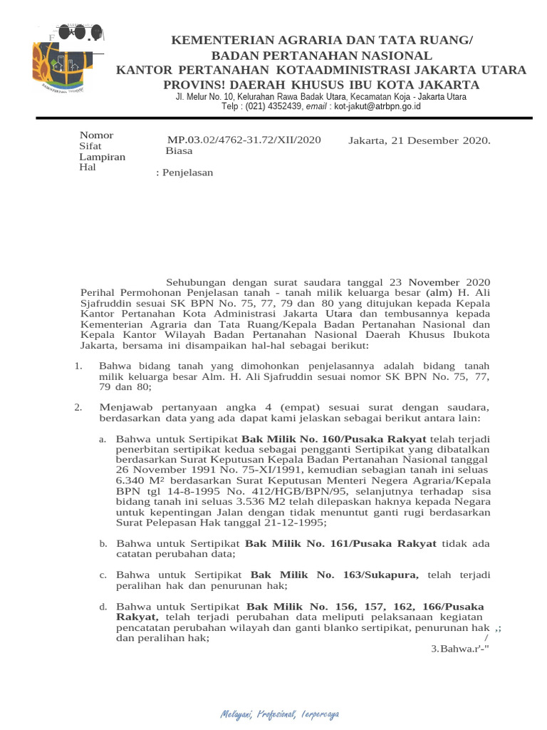 Surat Penjelasan BPN | PDF