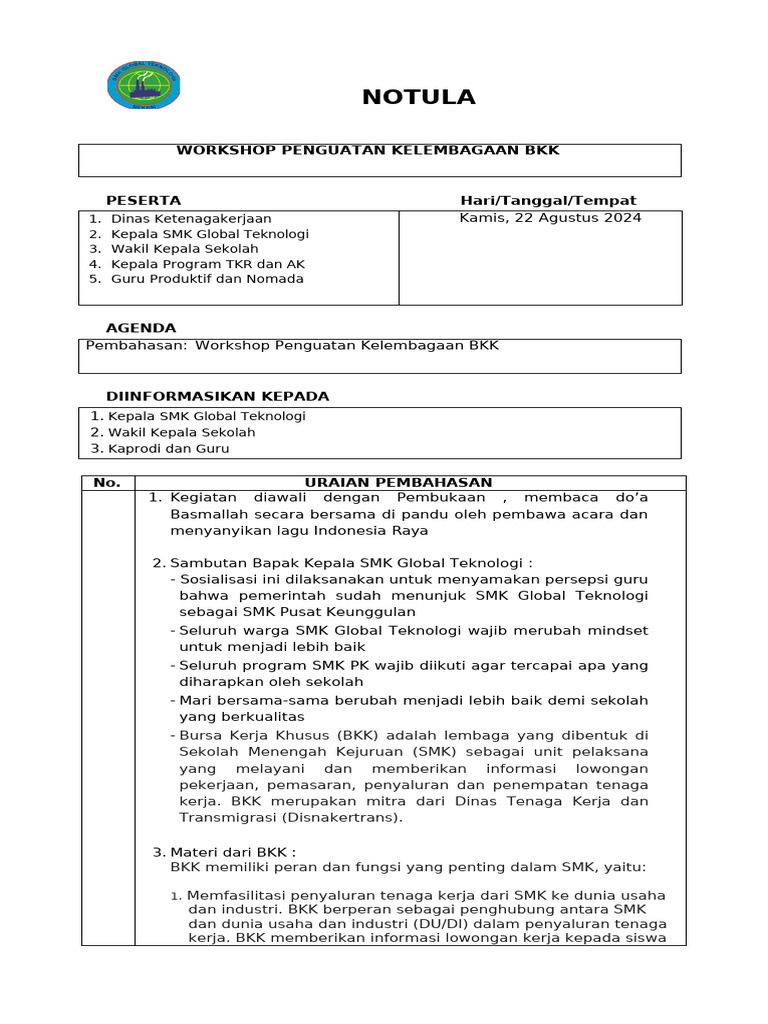 NOTULA BKK (Kamis) | PDF