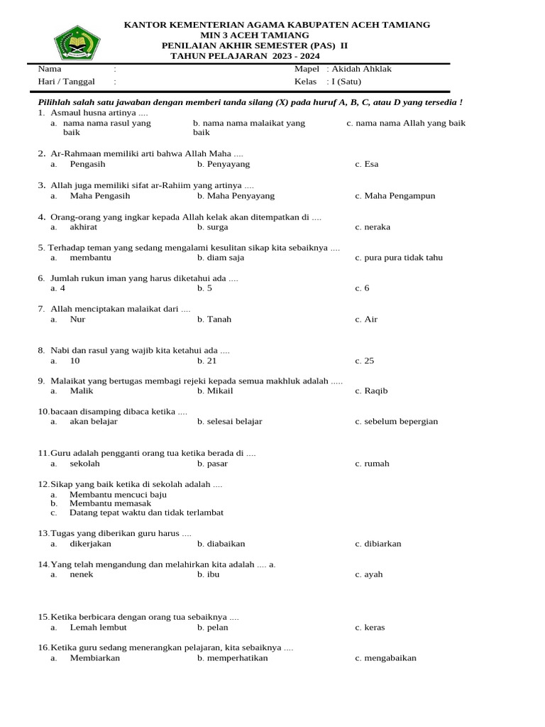 Kop Soal Pas | PDF