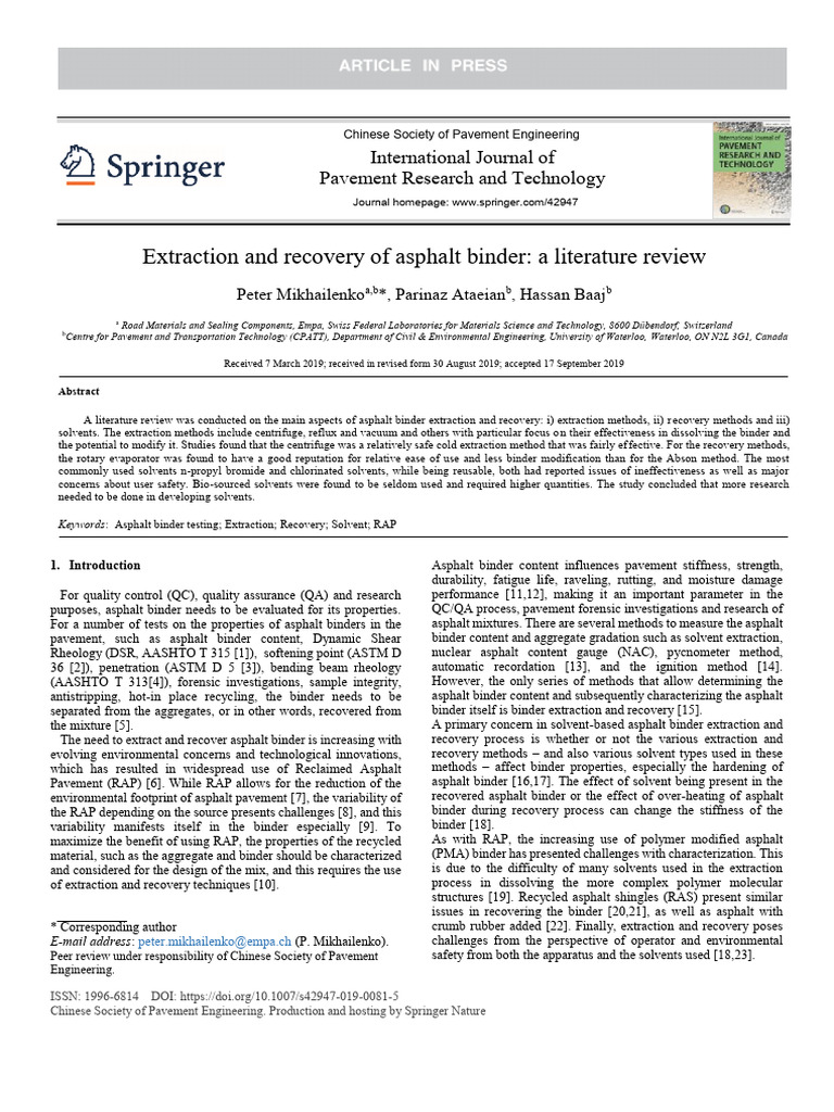 4 - Extraction and Recovery of Asphalt Binder A Literature Review | PDF