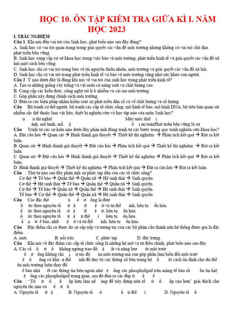 De Cuong On Tap GkI 2023-2024 Sinh 10 c5606 | PDF
