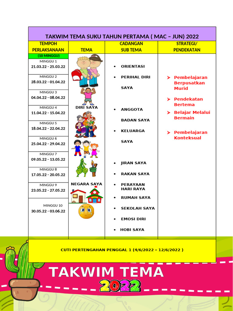 Takwim Tema Prasekolah Sesi 2022 Dan 2023 | PDF