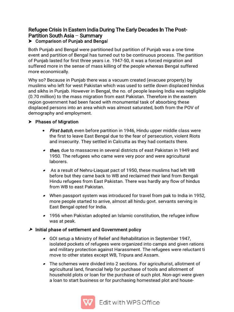 Summary-Refugee Crisis In Eastern India During The Early Decades In The ...